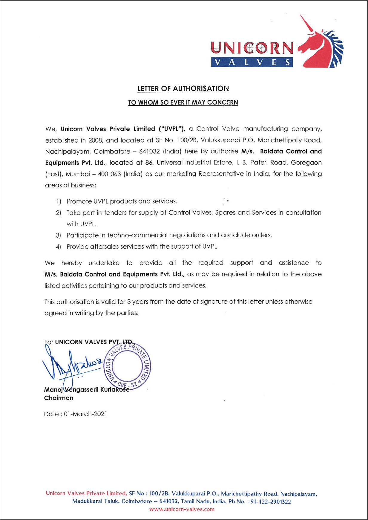 Unicorn Valves Authorization Letter - Baldota
